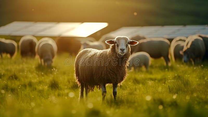 Sheep Grazing in the Evening Sun in Front of Solar Panels Stock ...