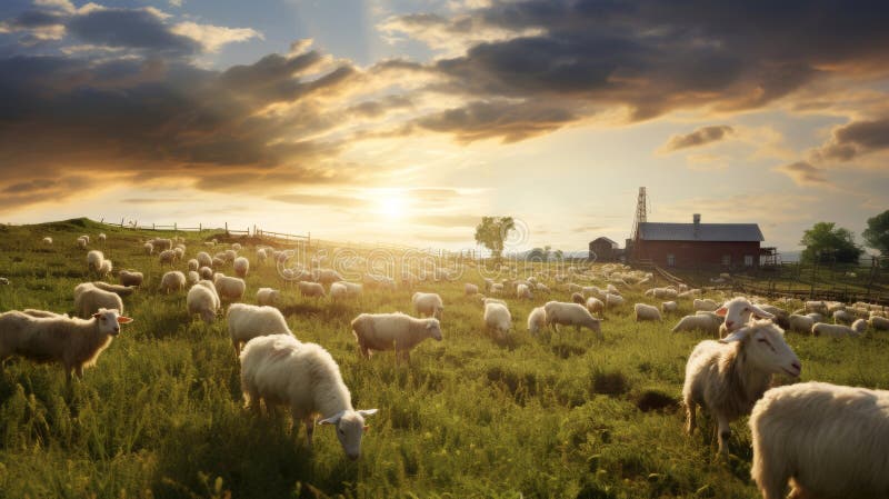 Sheep Grazing on a Farm at Sunset Stock Illustration - Illustration of ...