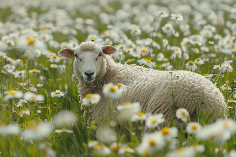 A Sheep Grazing in a Field of Colorful Flowers Stock Photo - Image of ...