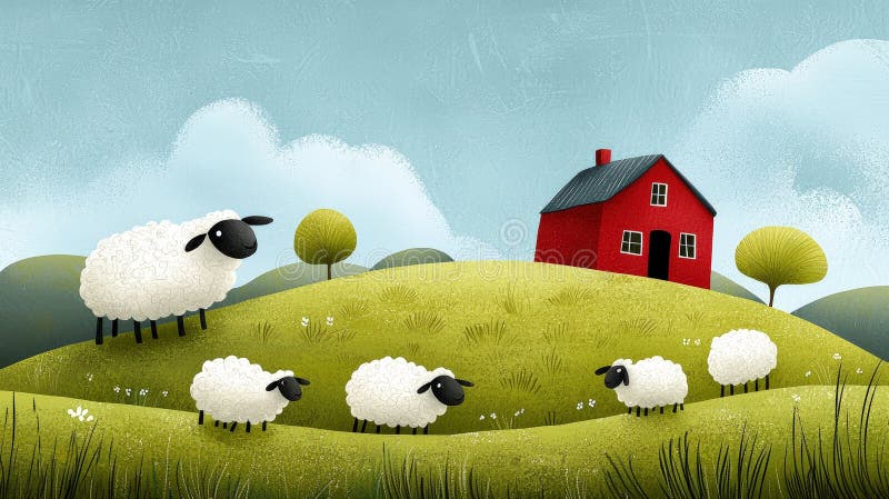 Sheep Grazing Near a Red Barn on a Hillside Stock Illustration ...