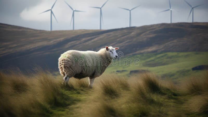 Sheep Grazing Near Wind Turbines on the Mountain. Generative AI Stock ...