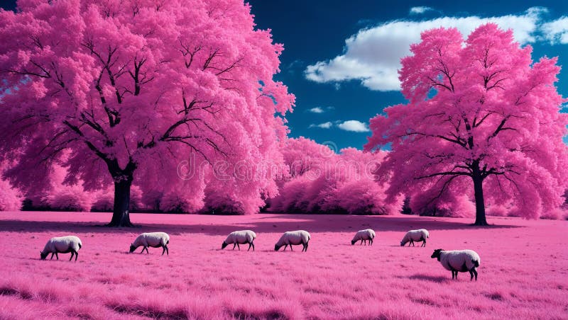 Sheep Grazing in Surreal Pink Infrared Landscape Stock Illustration ...