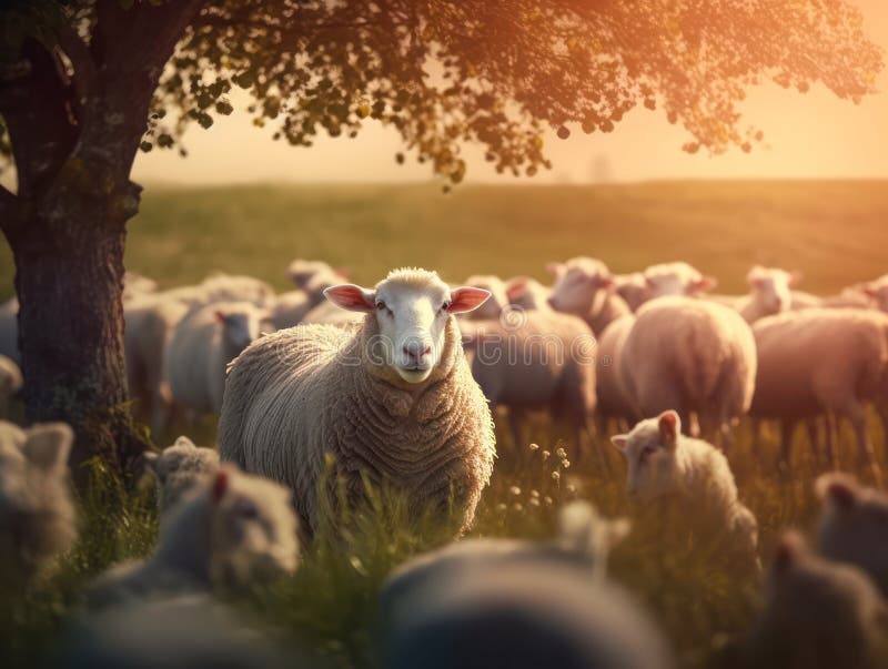 Sheep Grazing Under a Tree in a Farm Meadow Stock Illustration ...