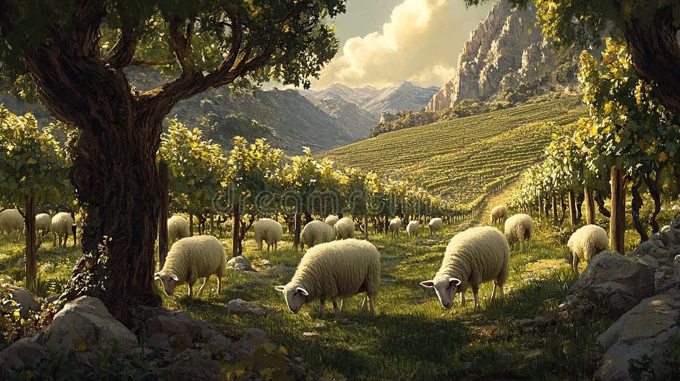 Sheep Grazing among Vines in a Sustainable Vineyard . Stock Photo ...