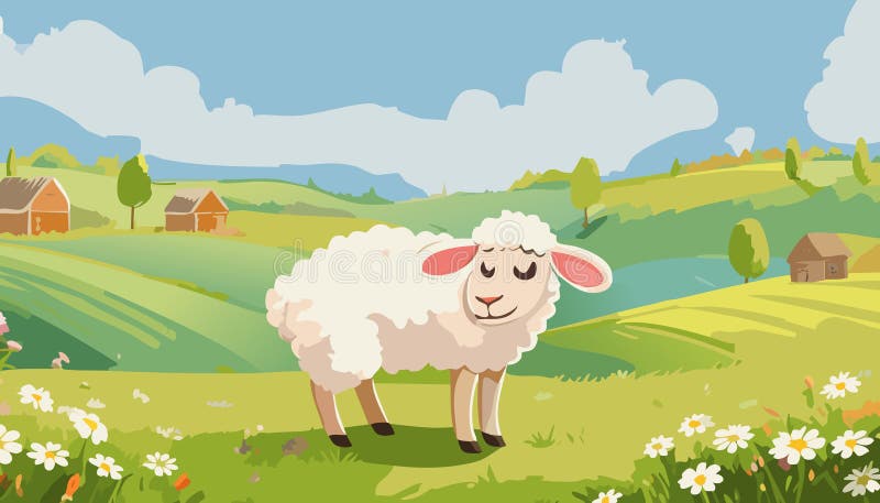 Sheep on the Green Meadow. Cute Cartoon Vector Illustration Stock ...