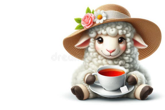 A Sheep in a Hat Sitting with a Cup of Tea. Space for Text. Stock ...