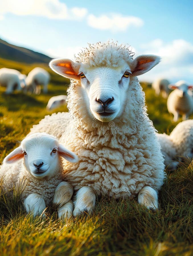 A Sheep and Her Lamb Laying in a Grassy Field Stock Photo - Image of ...