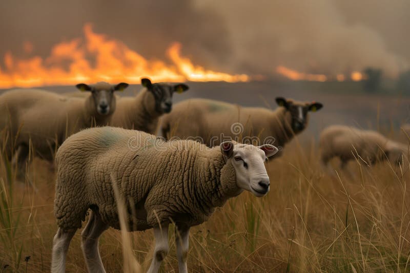 Sheep Herd on Grassland, Fire Line Behind Stock Image - Image of ...