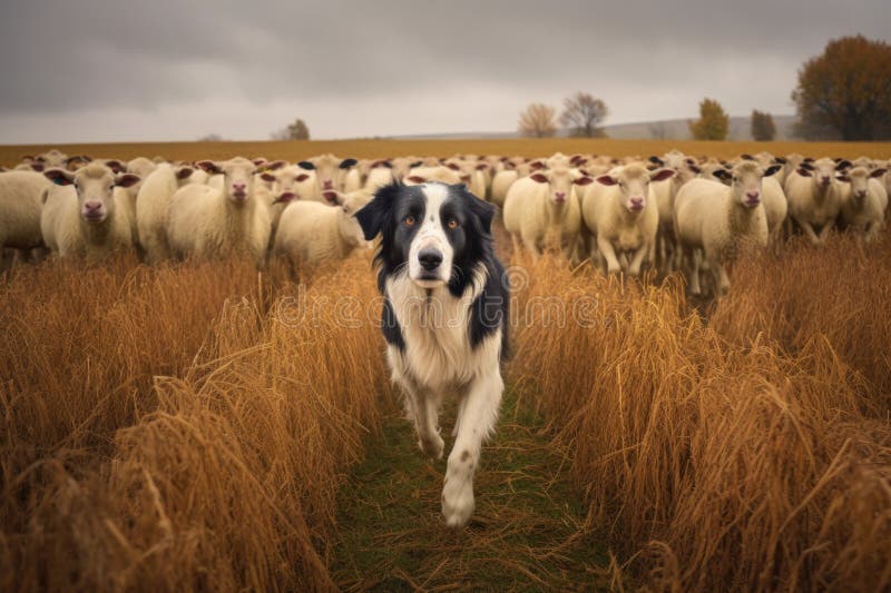 Sheep Herded by a Border Collie in an Open Field Stock Illustration ...