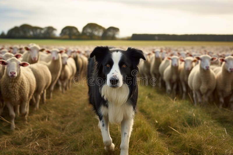 Sheep Herded by a Border Collie in an Open Field Stock Illustration ...