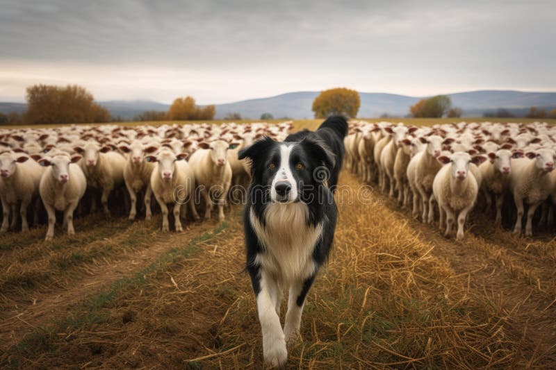 Sheep Herded by a Border Collie in an Open Field Stock Illustration ...