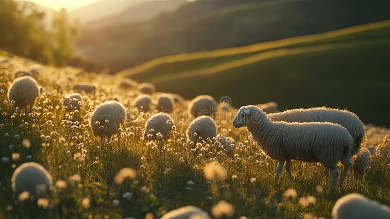 Sheep on Hillside, Realistic, Cinematic Light, Sharp Focus. Stock Photo ...