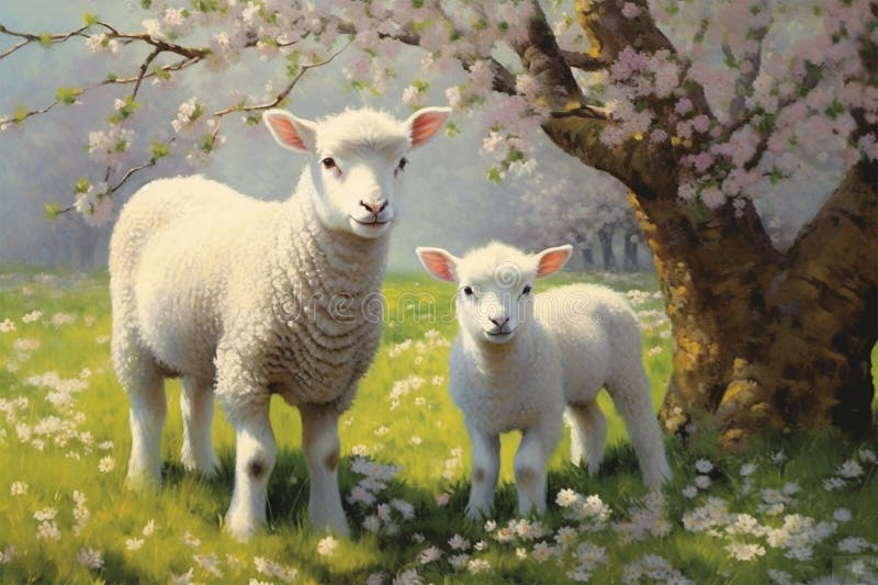 Sheep and Lambs in Spring Blooming Garden. Digital Painting with ...