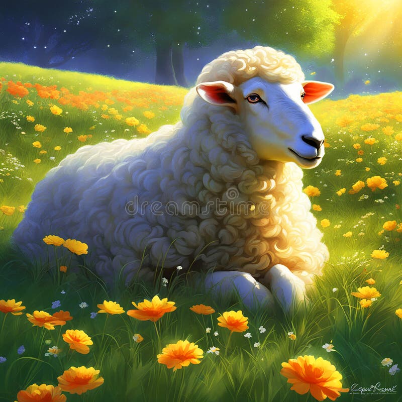 A Sheep Laying on the Green Pasture Stock Image - Image of sheep ...