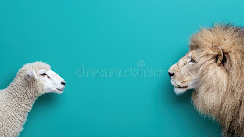 Sheep and Lion Face Off on Teal Background Stock Illustration ...