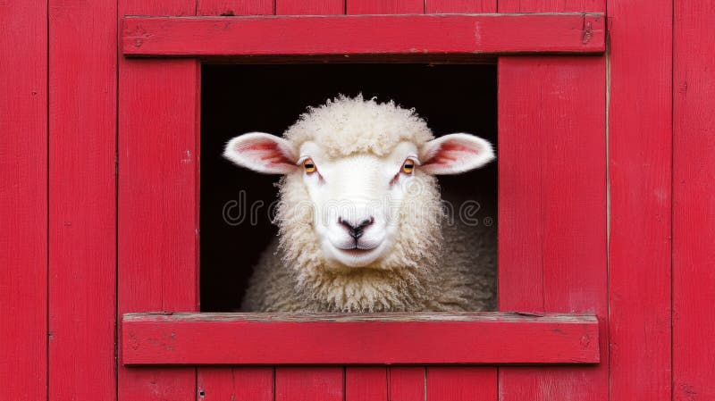 A Sheep Looking Out of a Red Barn Window with Its Head Sticking through ...