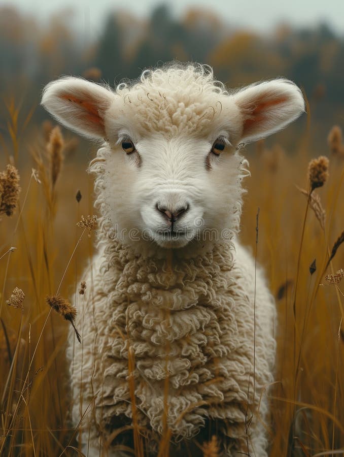 Sheep Looks at the Camera in Field. Cute Little Lamb Stock Illustration ...
