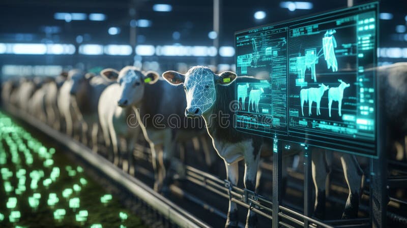 Sheep in Modern Farm with Digital Monitoring System Stock Illustration ...