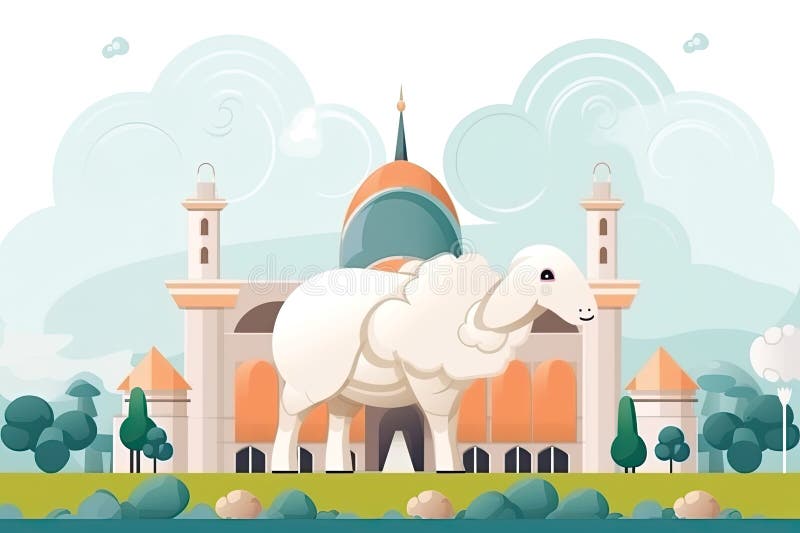 Sheep and Mosque Illustration in Flat Cartoon Style on White Background ...