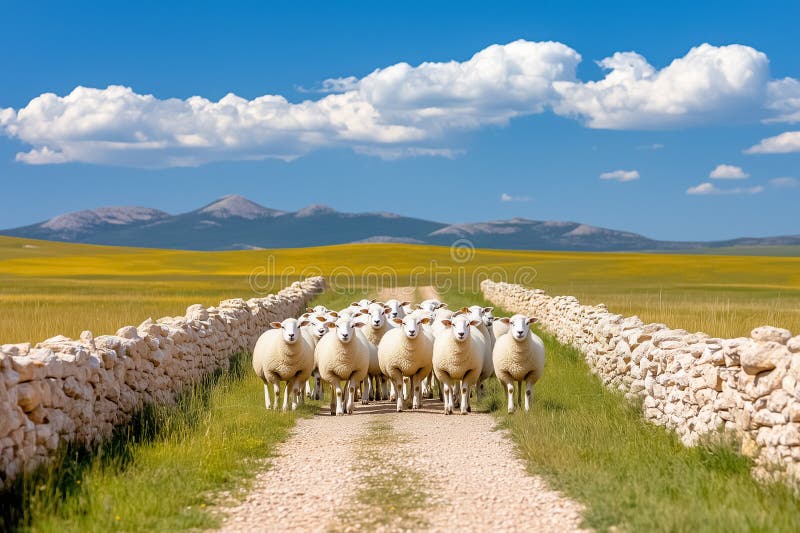 Sheep Move Together Along a Narrow Path Framed by Rustic Stone Walls ...