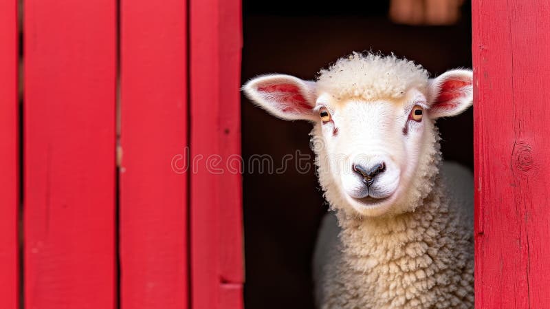 A Sheep Peeking Out of a Red Barn Door with Its Eyes Closed, AI Stock ...