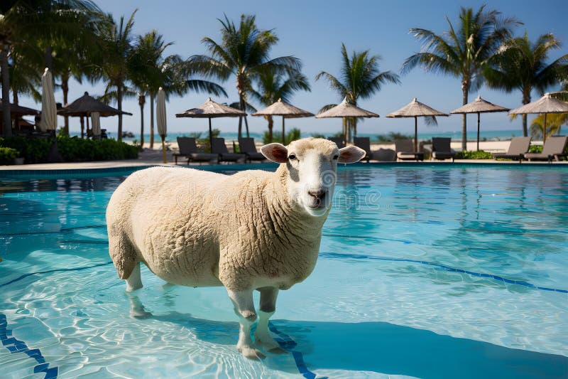 Sheep in Pool on Sunny Beach with Palm Trees and Loungers. Stock ...