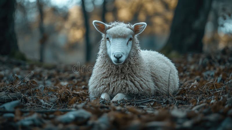 A Sheep Resting in a Dense Forest with Tall Trees and Underbrush Stock ...