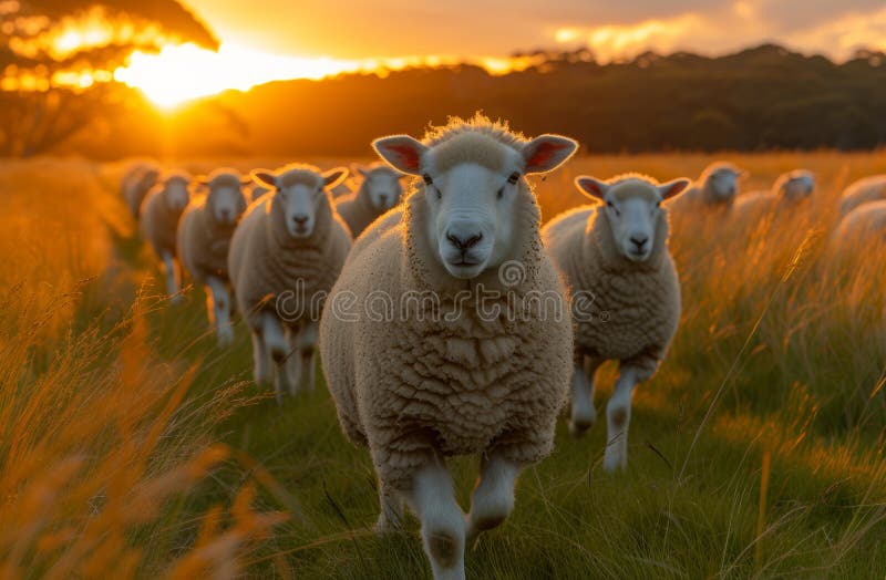 Sheep Running in Field at Sunset. a Many Sheep Walking in a Grassy ...