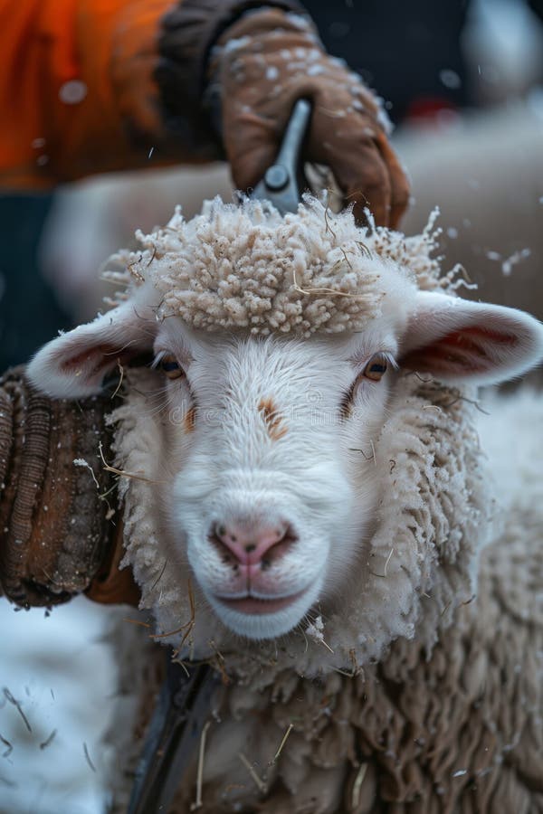 Sheep Shearing with Scissors in a Snowy Field Stock Image - Image of ...