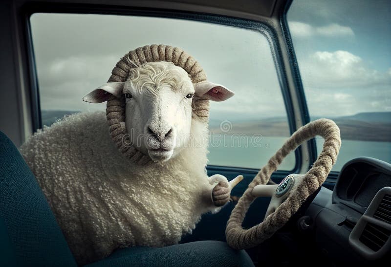 Sheep Sitting Behind the Wheel of a Car. AI Generated Stock ...