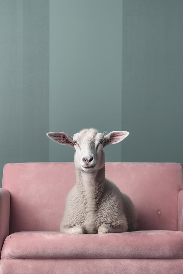 A Sheep Sitting on a Pink Sofa Indoor Photo Stock Illustration ...