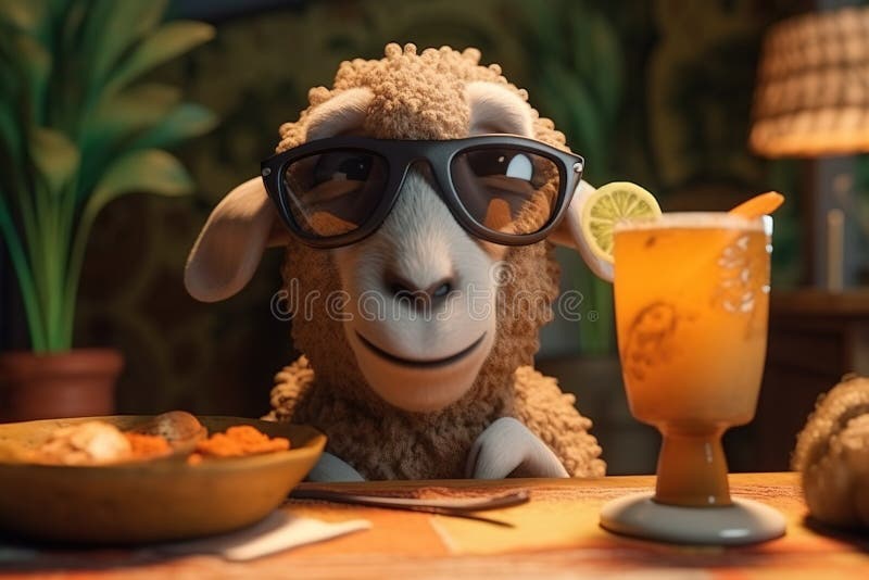 A Sheep Sitting at a Table with Sunglasses and Drinks , Concept of Cool ...