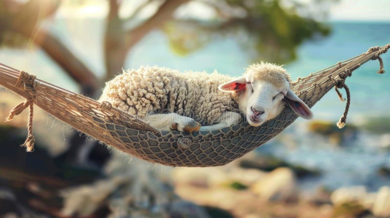 Sheep Sleeping in a Hammock Hanging from a Tree by the Water Stock Image - Image of summer ...