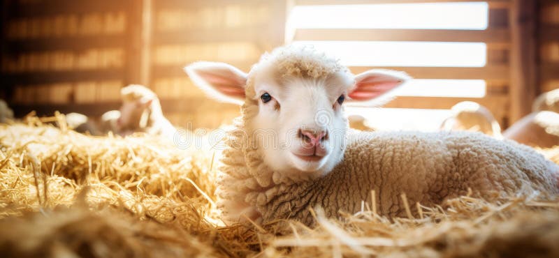 Sheep sleeping in hay barn stock photo. Image of cattle - 299572576