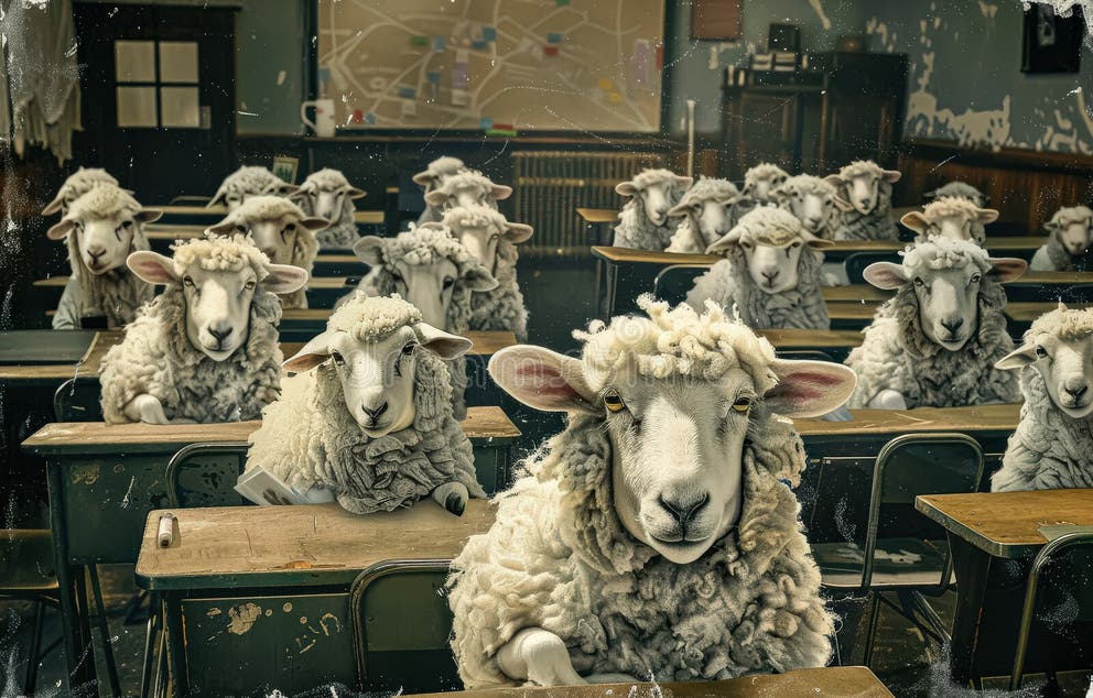 Sheep is Standing in a Classroom with Many Other Sheep. Stock Image ...