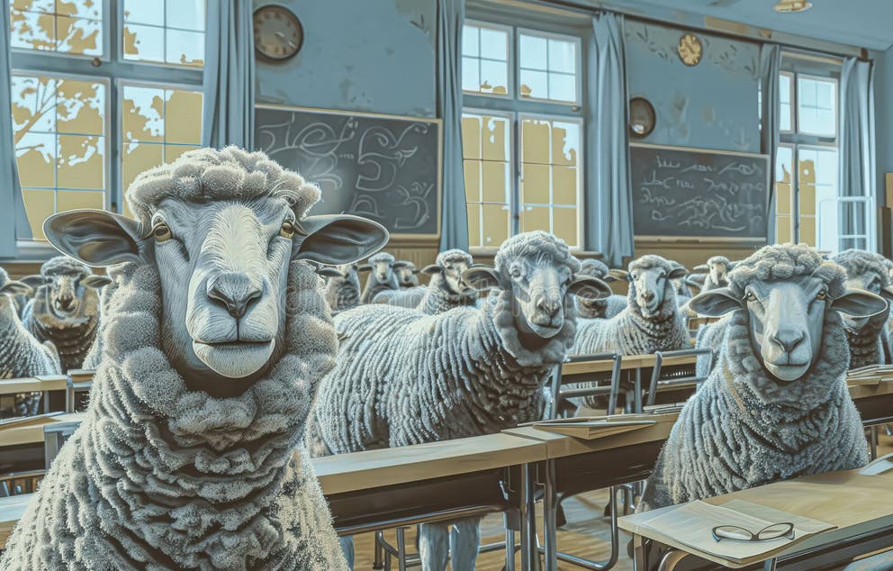 Sheep is Standing in a Classroom with Many Other Sheep. Stock Image ...