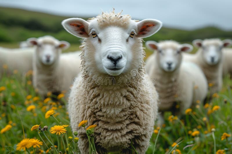 Sheep Standing in Field with Dandelions Stock Photo - Image of green ...