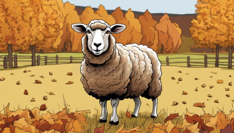 A Sheep Standing in a Field of Leaves Stock Illustration - Illustration ...