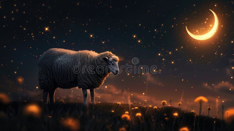 A Sheep Standing in a Field Under the Stars Stock Illustration ...