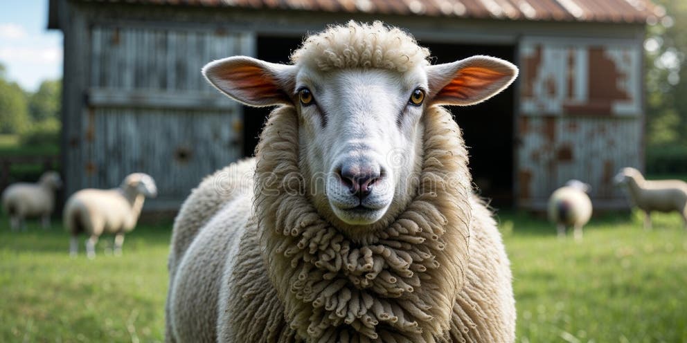 Sheep is Standing in Front of a Barn with Other Sheep in the Background ...