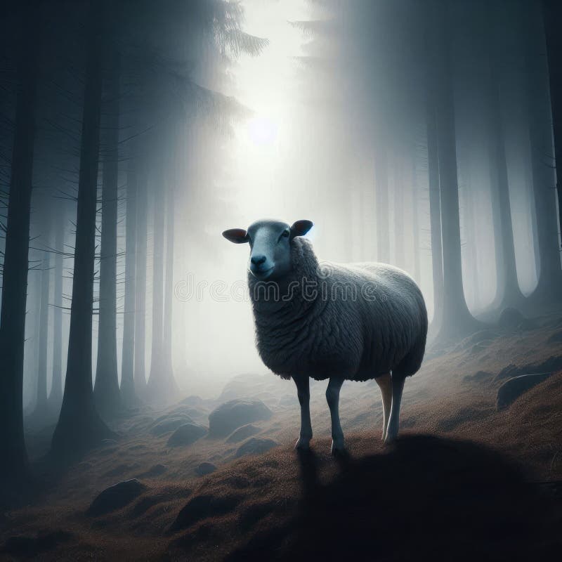 A Sheep Standing in the Mist of the Forest Against the Background of ...