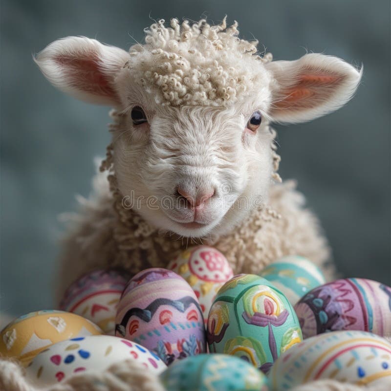Sheep Standing beside Pile of Decorated Eggs Stock Image - Image of ...