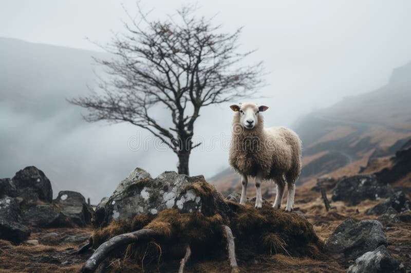 A Sheep Standing on a Rock in Front of a Tree Stock Illustration ...