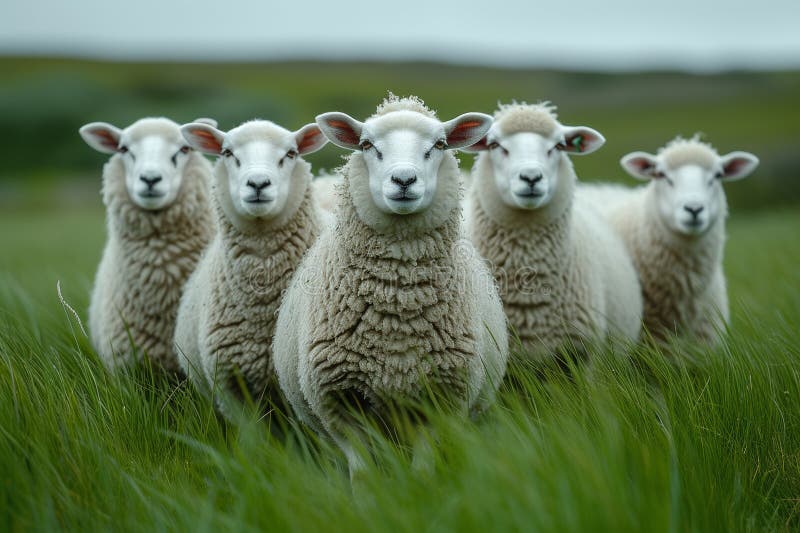Sheep Standing in Row in Green Grass Field Stock Image - Image of sheep ...