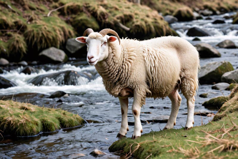 Sheep Standing by a Stream. Stock Illustration - Illustration of green ...