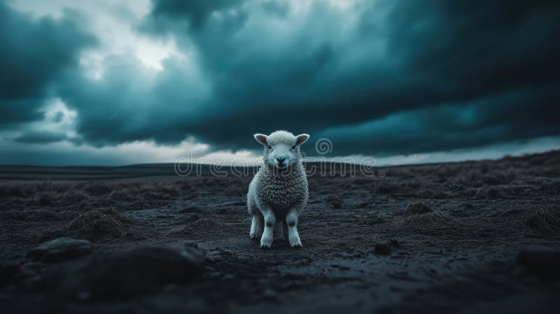 A Sheep Stands Alone in a Field Beneath a Cloudy Sky, Creating a Serene ...