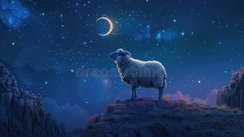 A Sheep Stands Alone on the Summit of a Mountain Under a Starry Night ...