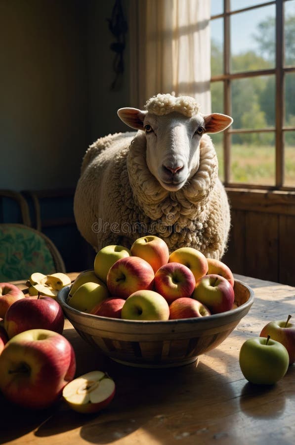 Fluffy Sheep with a Bowl of Ripe Apples in Rustic Setting Stock ...