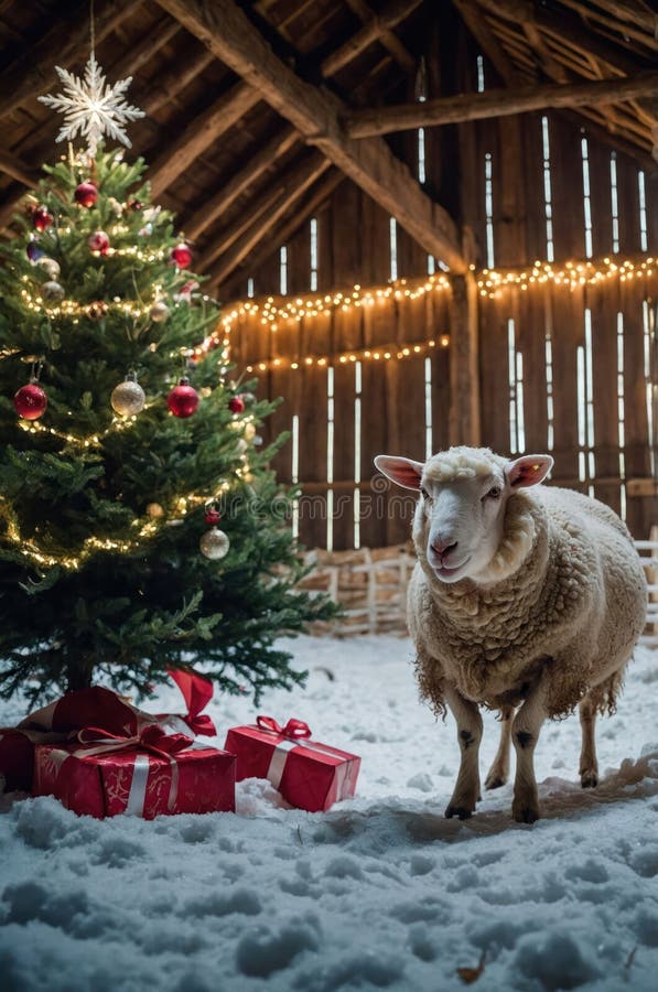 Adorable Sheep and Christmas Tree in Rustic Barn Stock Illustration ...
