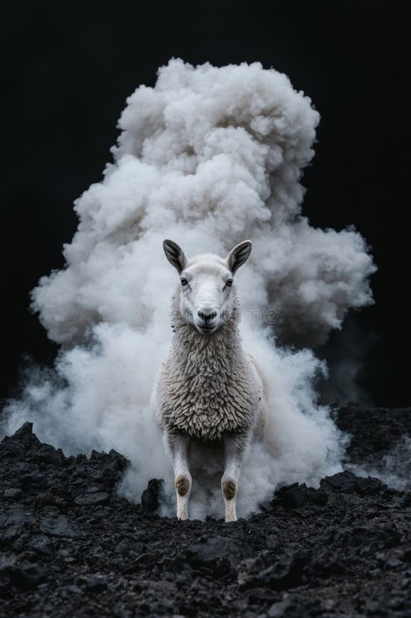A Sheep Stands in a Field with a Large Cloud of Smoke Behind it. Stock ...